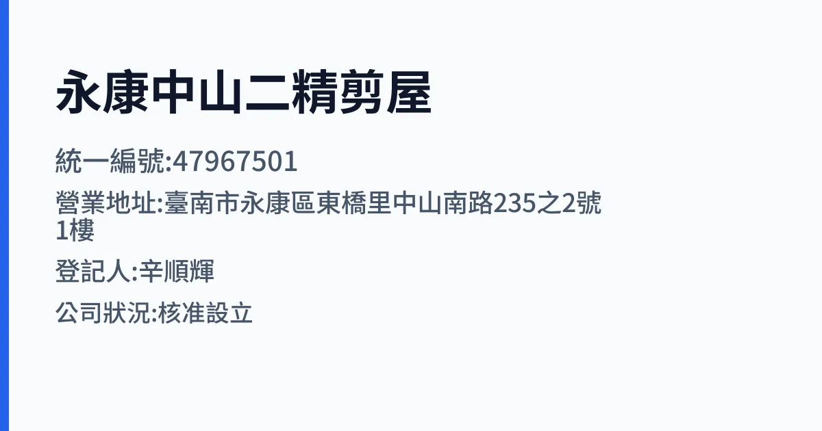 永康中山二精剪屋 - 統編 47967501(臺南市) 公司登記資料與營業項目詳細圖表