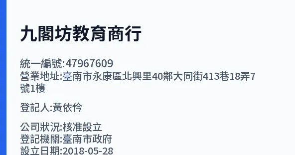 九閣坊教育商行的照片-統編 47967609(臺南市) 公司登記資料與營業項目詳細圖表