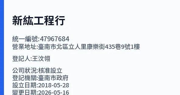 新紘工程行的照片-統編 47967684(臺南市) 公司登記資料與營業項目詳細圖表