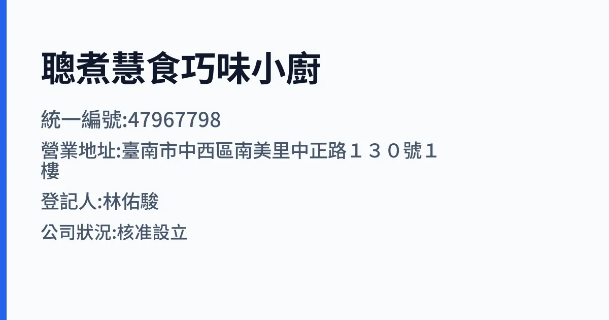 聰煮慧食巧味小廚 - 統編 47967798(臺南市) 公司登記資料與營業項目詳細圖表