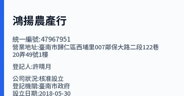 鴻揚農產行的照片-統編 47967951(臺南市) 公司登記資料與營業項目詳細圖表