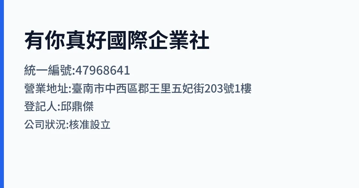 有你真好國際企業社 - 統編 47968641(臺南市) 公司登記資料與營業項目詳細圖表