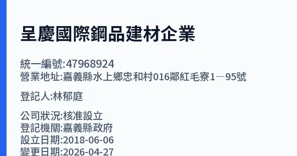 呈慶國際鋼品建材企業的照片-統編 47968924(嘉義縣) 公司登記資料與營業項目詳細圖表