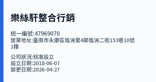 樂絲馯整合行銷的照片-統編 47969070(臺南市) 公司登記資料與營業項目詳細圖表