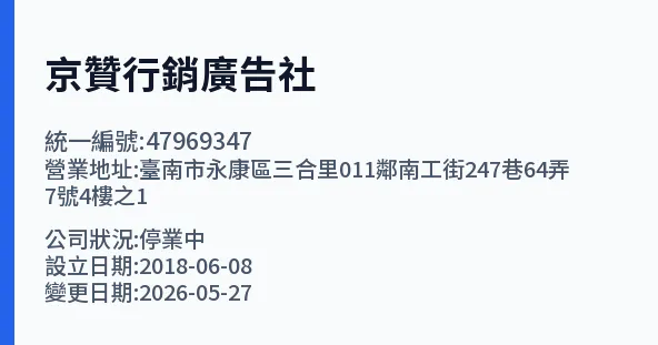 京贊行銷廣告社的照片-統編 47969347(臺南市) 公司登記資料與營業項目詳細圖表