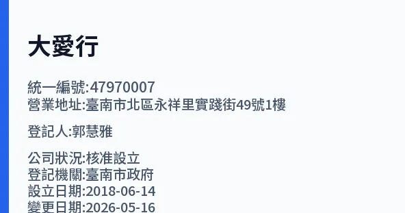 大愛行的照片-統編 47970007(臺南市) 公司登記資料與營業項目詳細圖表