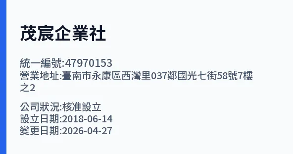 茂宸企業社的照片-統編 47970153(臺南市) 公司登記資料與營業項目詳細圖表