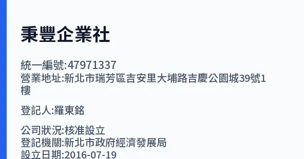 秉豐企業社的照片-統編 47971337(新北市) 公司登記資料與營業項目詳細圖表