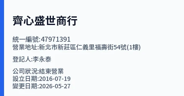 齊心盛世商行的照片-統編 47971391(新北市) 公司登記資料與營業項目詳細圖表