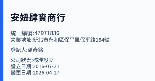 安妞肆寶商行的照片-統編 47971836(新北市) 公司登記資料與營業項目詳細圖表