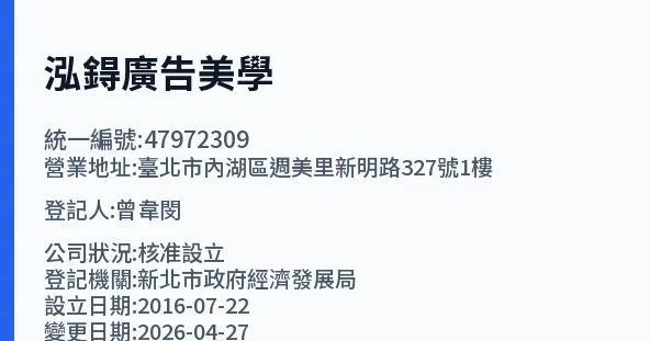 泓鍀廣告美學的照片-統編 47972309(臺北市) 公司登記資料與營業項目詳細圖表