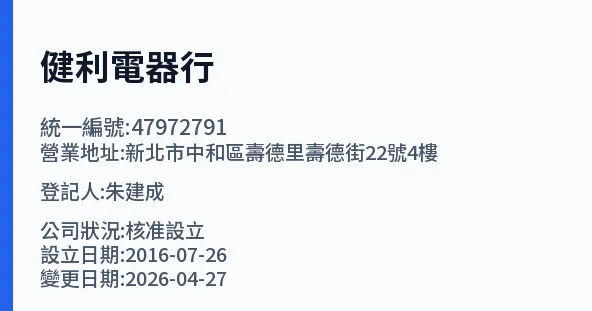 健利電器行的照片-統編 47972791(新北市) 公司登記資料與營業項目詳細圖表