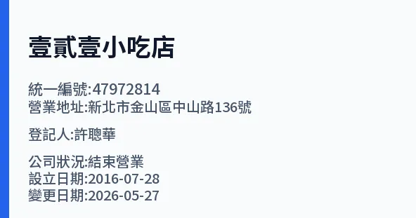 壹貳壹小吃店的照片-統編 47972814(新北市) 公司登記資料與營業項目詳細圖表