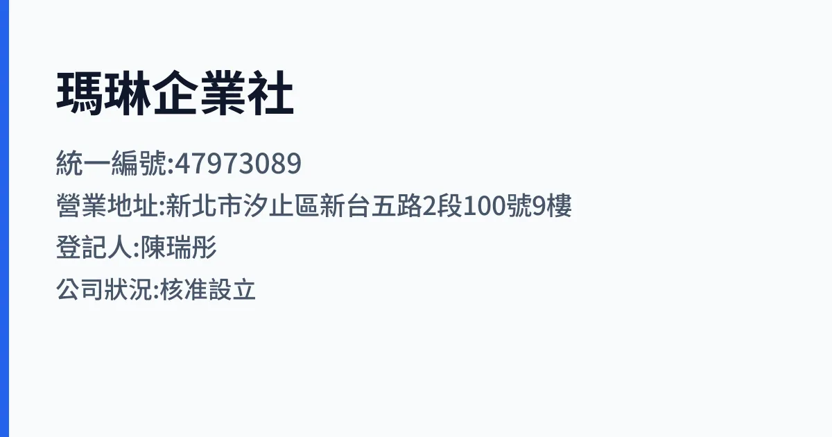 瑪琳企業社 - 統編 47973089(新北市) 公司登記資料與營業項目詳細圖表