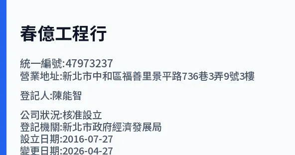 春億工程行的照片-統編 47973237(新北市) 公司登記資料與營業項目詳細圖表