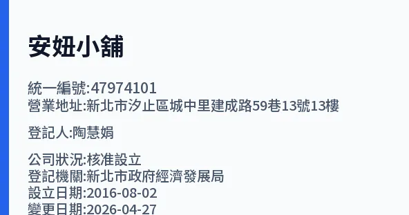 安妞小舖的照片-統編 47974101(新北市) 公司登記資料與營業項目詳細圖表
