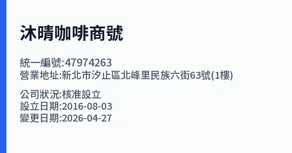 沐晴咖啡商號的照片-統編 47974263(新北市) 公司登記資料與營業項目詳細圖表