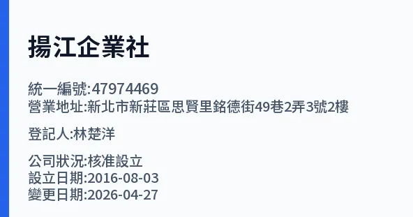 揚江企業社的照片-統編 47974469(新北市) 公司登記資料與營業項目詳細圖表