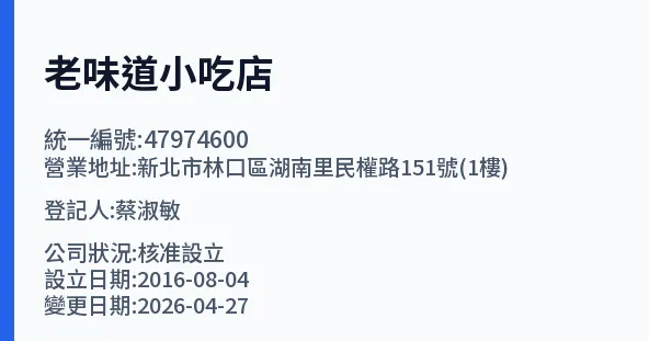 老味道小吃店的照片-統編 47974600(新北市) 公司登記資料與營業項目詳細圖表
