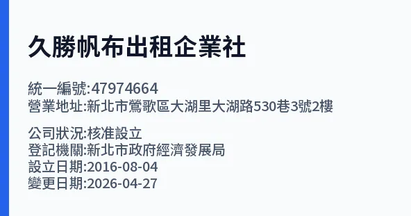 久勝帆布出租企業社的照片-統編 47974664(新北市) 公司登記資料與營業項目詳細圖表