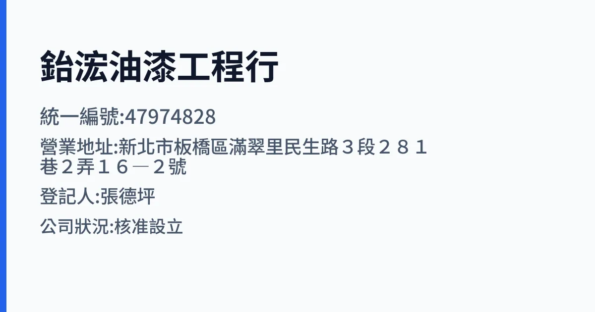 鈶浤油漆工程行 - 統編 47974828(新北市) 公司登記資料與營業項目詳細圖表