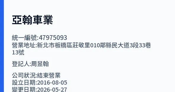 亞翰車業的照片-統編 47975093(新北市) 公司登記資料與營業項目詳細圖表