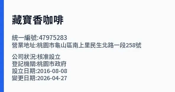 藏寶香咖啡的照片-統編 47975283(桃園市) 公司登記資料與營業項目詳細圖表