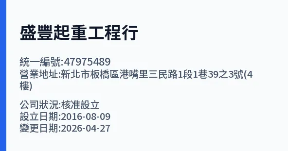 盛豐起重工程行的照片-統編 47975489(新北市) 公司登記資料與營業項目詳細圖表