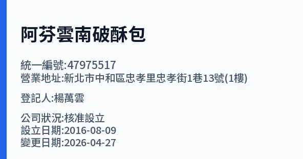 阿芬雲南破酥包的照片-統編 47975517(新北市) 公司登記資料與營業項目詳細圖表