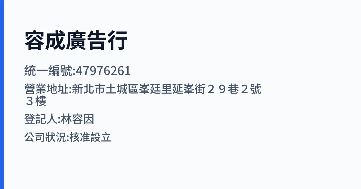容成廣告行 - 統編 47976261(新北市) 公司登記資料與營業項目詳細圖表