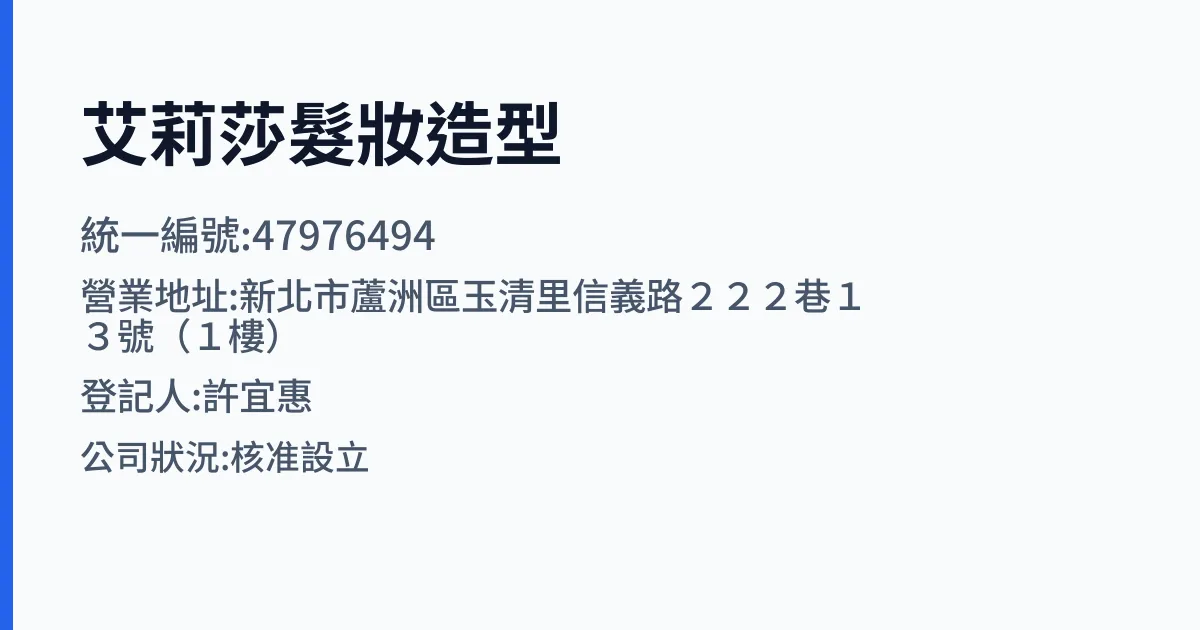 艾莉莎髮妝造型 - 統編 47976494(新北市) 公司登記資料與營業項目詳細圖表