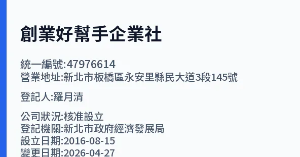 創業好幫手企業社的照片-統編 47976614(新北市) 公司登記資料與營業項目詳細圖表