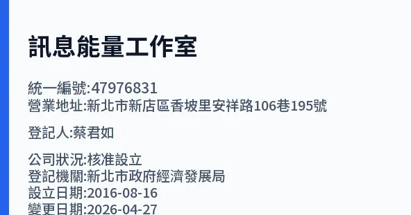 訊息能量工作室的照片-統編 47976831(新北市) 公司登記資料與營業項目詳細圖表