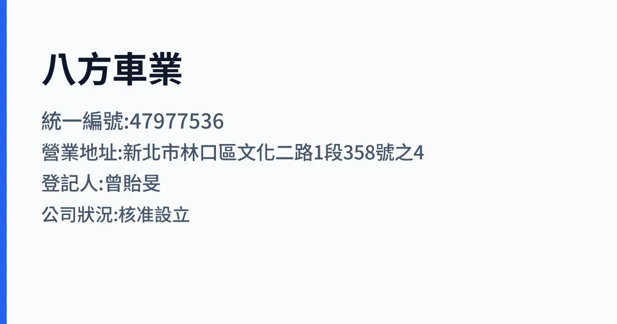 八方車業 - 統編 47977536(新北市) 公司登記資料與營業項目詳細圖表