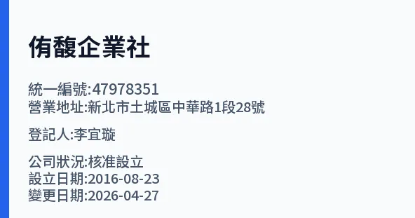 侑馥企業社的照片-統編 47978351(新北市) 公司登記資料與營業項目詳細圖表