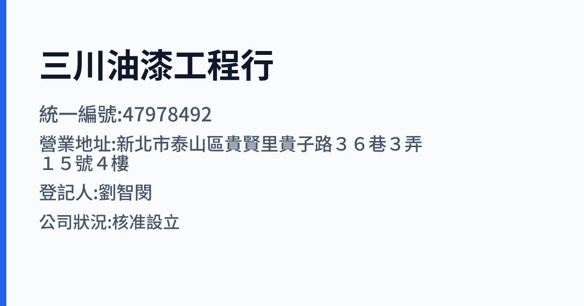 三川油漆工程行 - 統編 47978492(新北市) 公司登記資料與營業項目詳細圖表