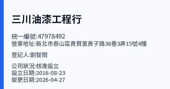 三川油漆工程行的照片-統編 47978492(新北市) 公司登記資料與營業項目詳細圖表