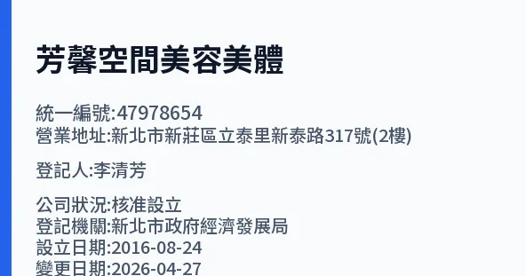 芳馨空間美容美體的照片-統編 47978654(新北市) 公司登記資料與營業項目詳細圖表