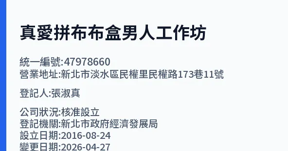 真愛拼布布盒男人工作坊的照片-統編 47978660(新北市) 公司登記資料與營業項目詳細圖表