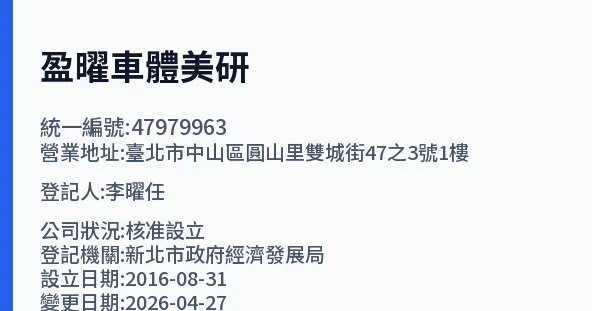 盈曜車體美研的照片-統編 47979963(臺北市) 公司登記資料與營業項目詳細圖表