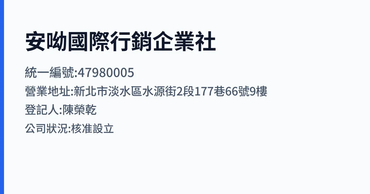 安呦國際行銷企業社 - 統編 47980005(新北市) 公司登記資料與營業項目詳細圖表