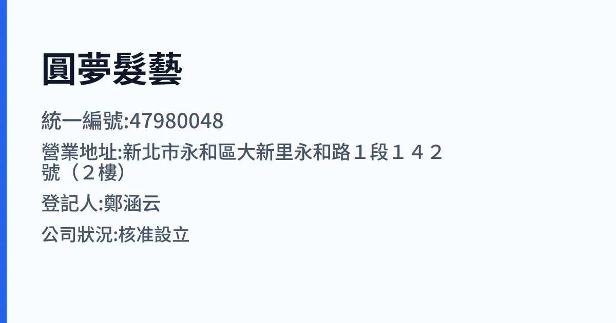 圓夢髮藝 - 統編 47980048(新北市) 公司登記資料與營業項目詳細圖表