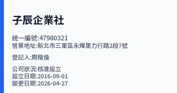 子辰企業社的照片-統編 47980321(新北市) 公司登記資料與營業項目詳細圖表