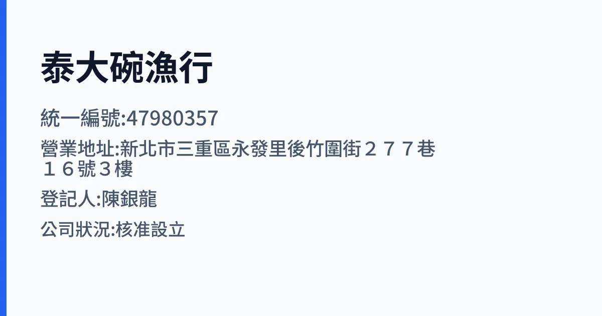 泰大碗漁行 - 統編 47980357(新北市) 公司登記資料與營業項目詳細圖表