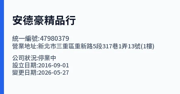 安德豪精品行的照片-統編 47980379(新北市) 公司登記資料與營業項目詳細圖表