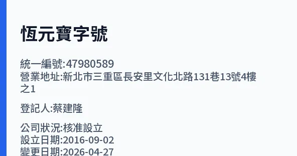 恆元寶字號的照片-統編 47980589(新北市) 公司登記資料與營業項目詳細圖表