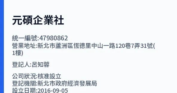 元碩企業社的照片-統編 47980862(新北市) 公司登記資料與營業項目詳細圖表