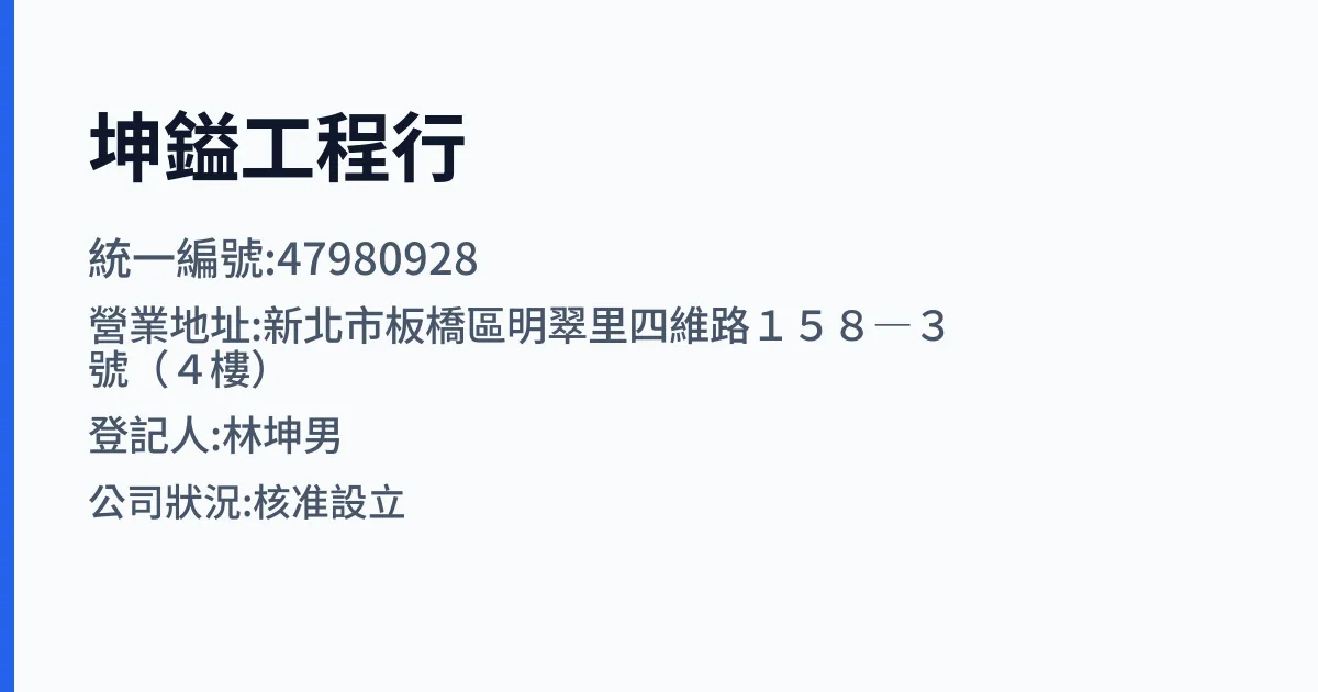 坤鎰工程行 - 統編 47980928(新北市) 公司登記資料與營業項目詳細圖表