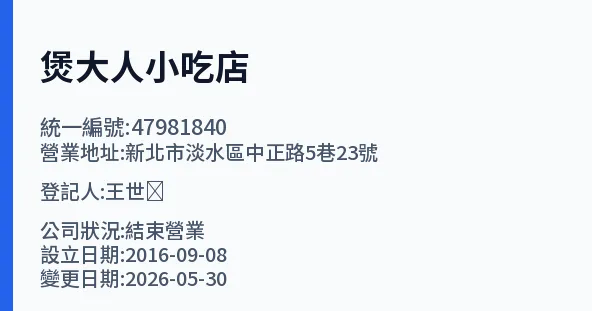 煲大人小吃店的照片-統編 47981840(新北市) 公司登記資料與營業項目詳細圖表