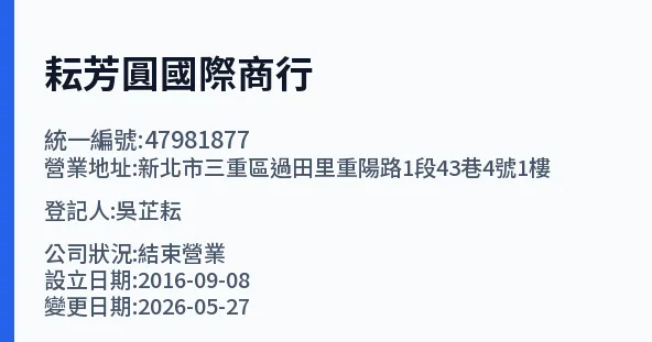 耘芳圓國際商行的照片-統編 47981877(新北市) 公司登記資料與營業項目詳細圖表